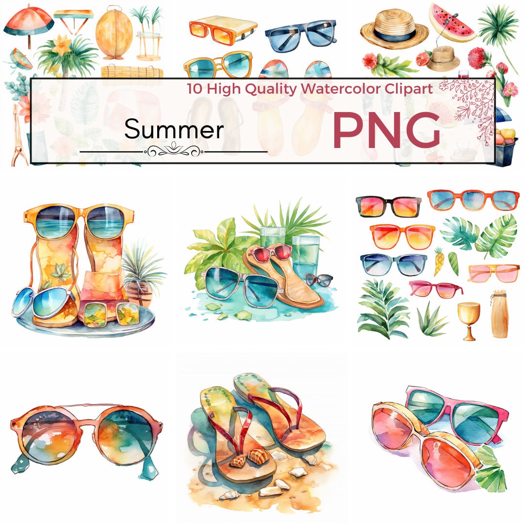 Watercolor Summer Clipart - Set of 10, Card Making, High Quality PNG ...