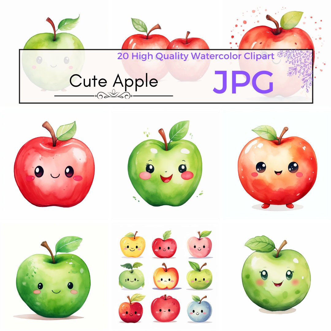 Watercolor Cute Apple Clipart, Cute Clipart Nursery Decor Fruit ...