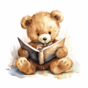 Watercolor Teddy Bear Reading Clipart, High Quality JPG, Cute Nursery ...