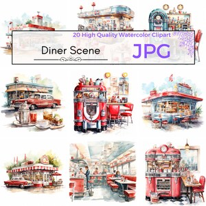 Watercolor Diner Scene Clipart, Retro Clipart, Vintage Diner Clipart ...