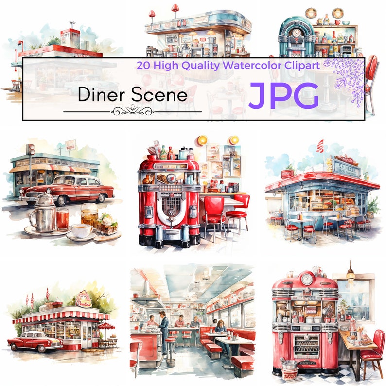 Watercolor Diner Scene Clipart Retro Clipart Vintage Diner - Etsy