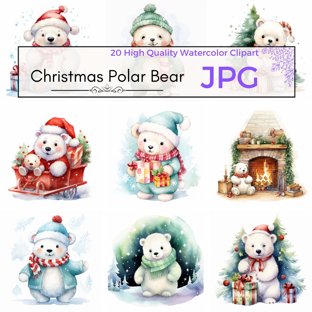 Watercolor Christmas Polar Bear Clipart, Cute Clipart Christmas ...