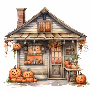 Watercolor Halloween Shop Clipart PNG, Spooky House Decor, Pumpkins ...