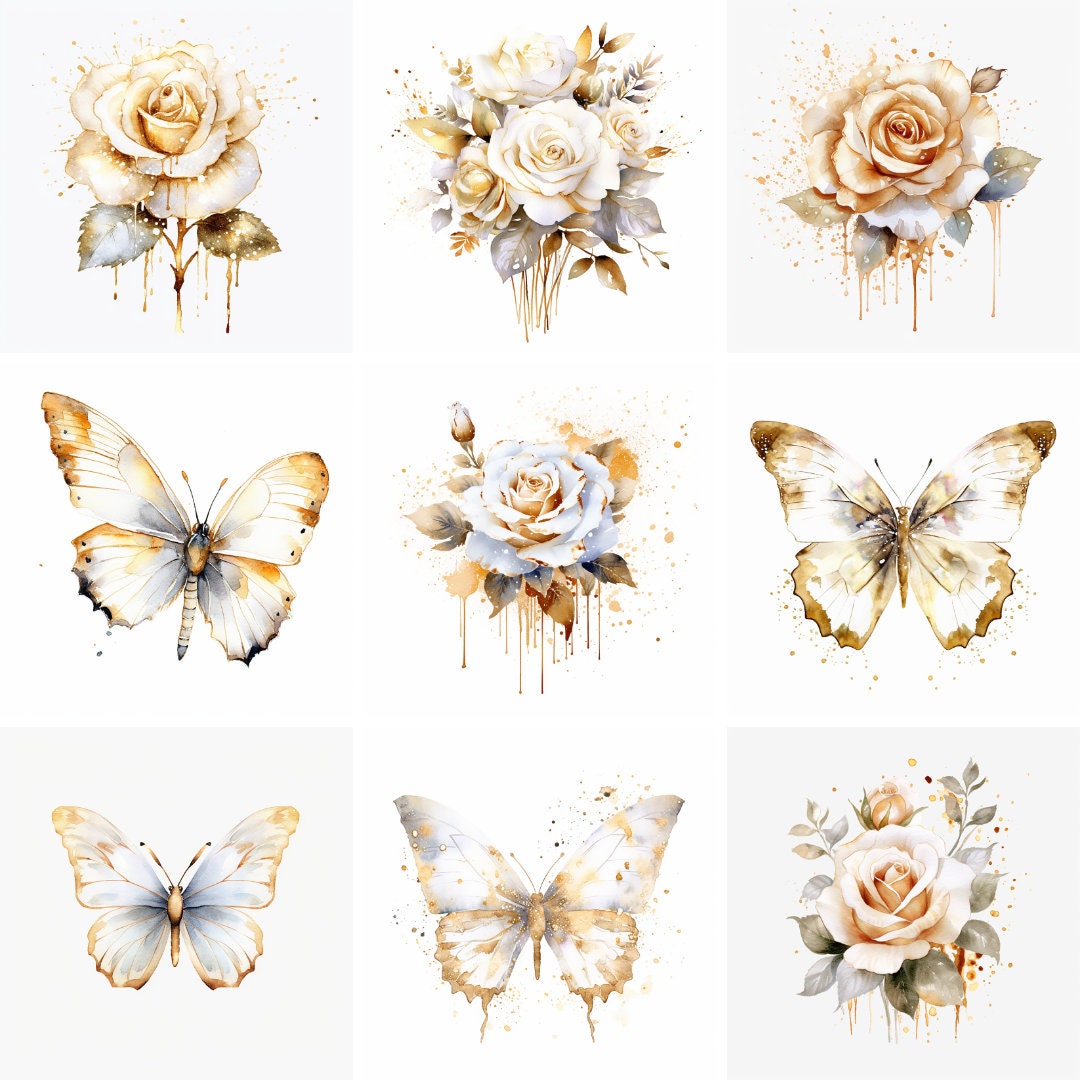 Watercolor White and Gold Butterfly Floral Clipart PNG - Etsy