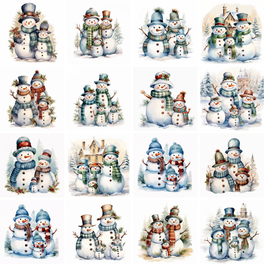 20 Christmas Snowman Family Watercolor Clipart, Xmas, Holiday Clip Art ...