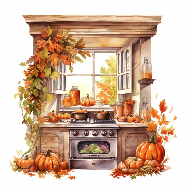 Watercolor Fall Kitchen Clipart Autumn Printables Fall - Etsy
