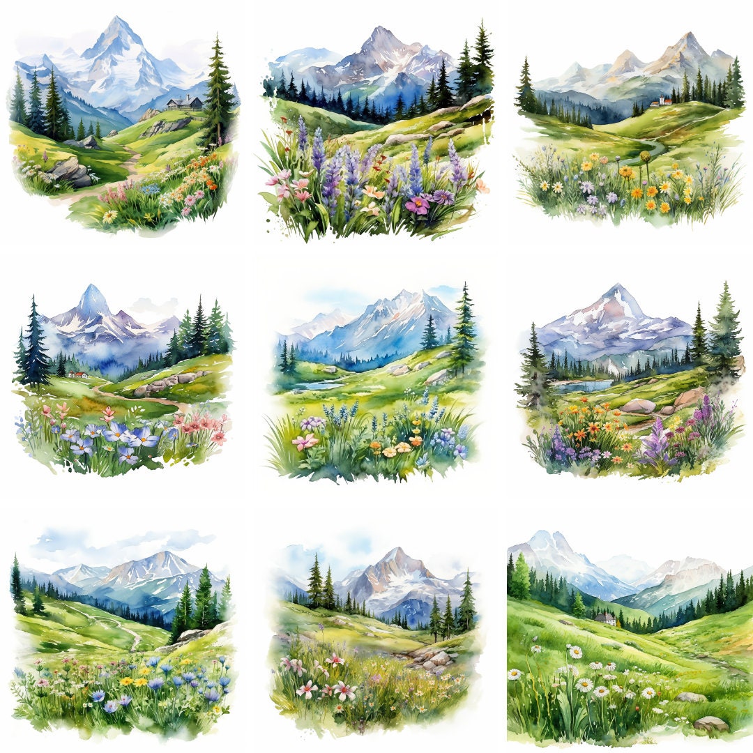 Watercolor Meadow Clipart, Spring Clipart, Summer Clipart, Wild Flowers ...