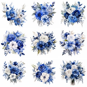 Watercolor Royal Blue and Silver Floral Clipart, Rustic, Wedding ...