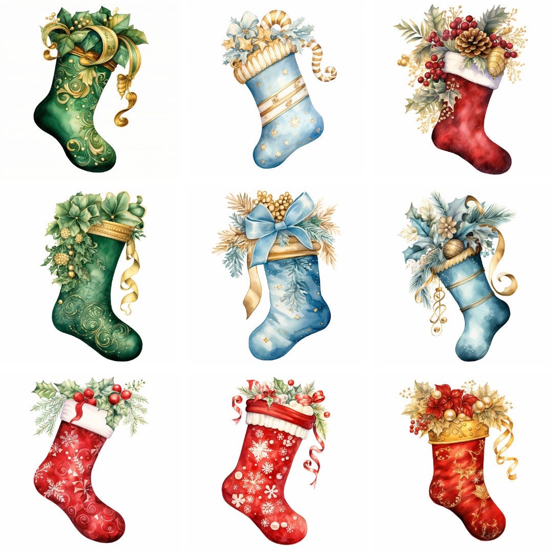 Watercolor Christmas Stocking Clipart PNG, Xmas Decoration Clip Art ...
