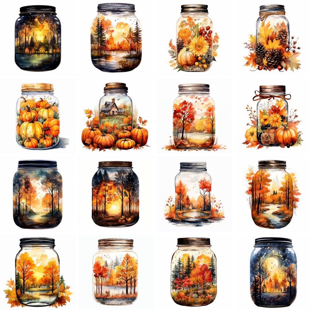 Watercolor Fall in a Jar Clipart, Autumn Printables, Autumn Png, Fall ...