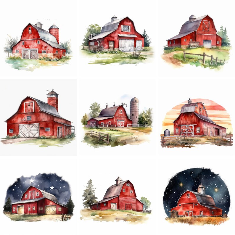 20 Watercolor Red Barn Clipart Bundle Farmhouse - Etsy