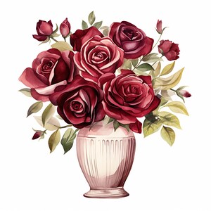Watercolor Burgundy Rose Clipart, High Quality JPG, Floral Wall Art ...