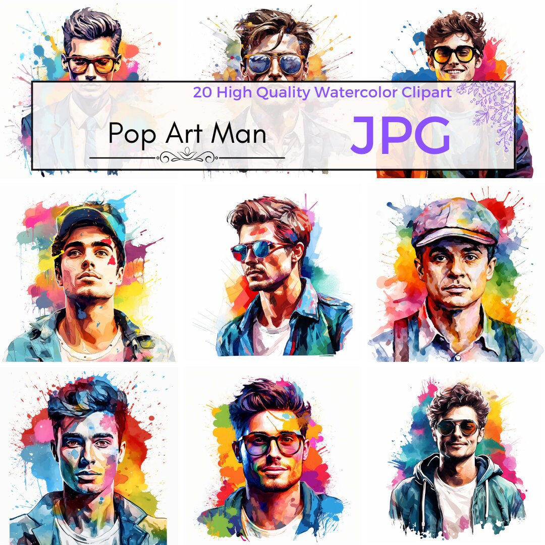 Watercolor Pop Art Man Clipart, Pop Art Printables, Pop Art Jpg, Male ...