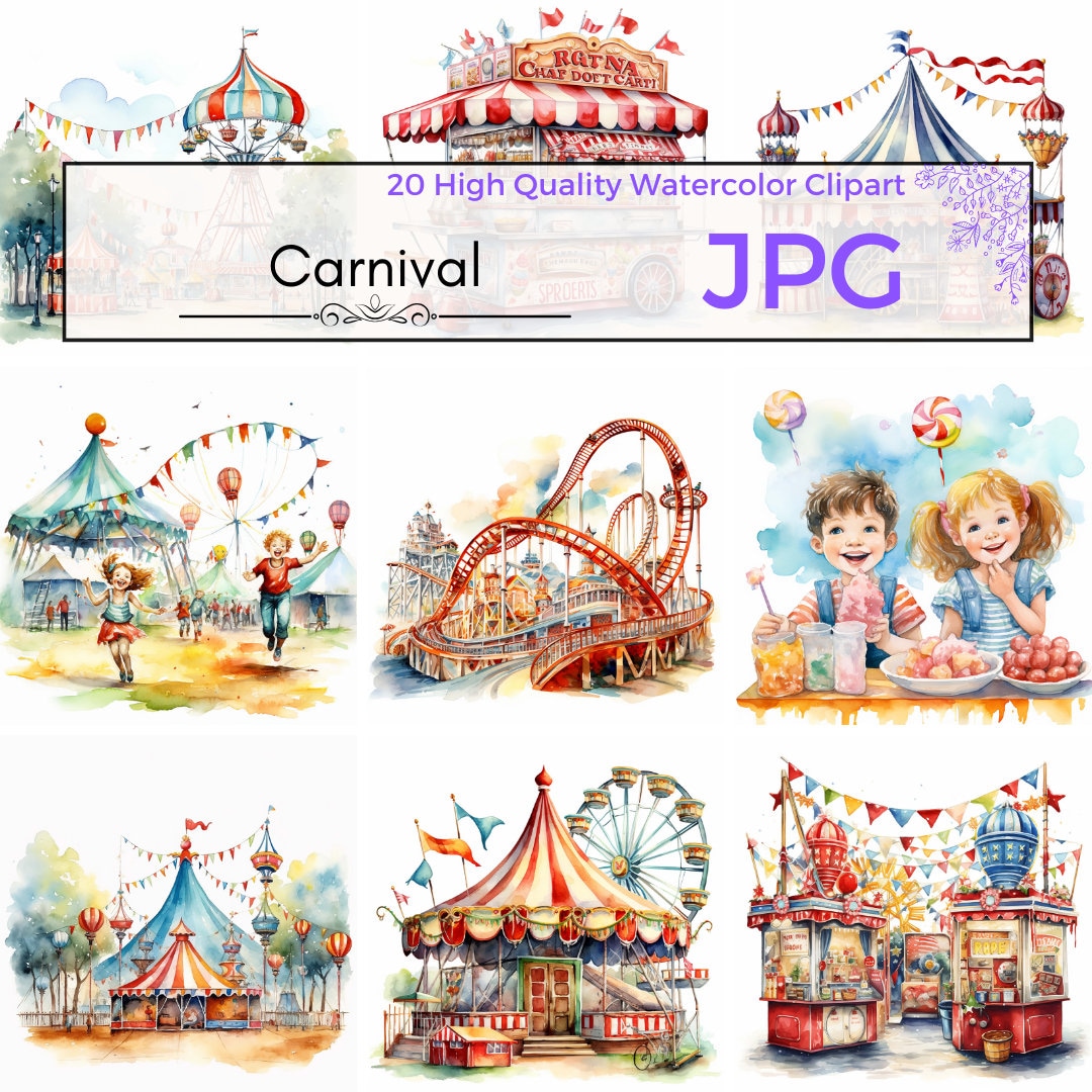 Watercolor Carnival Clipart, Kids Clipart Digital Prints, Carnival Art ...