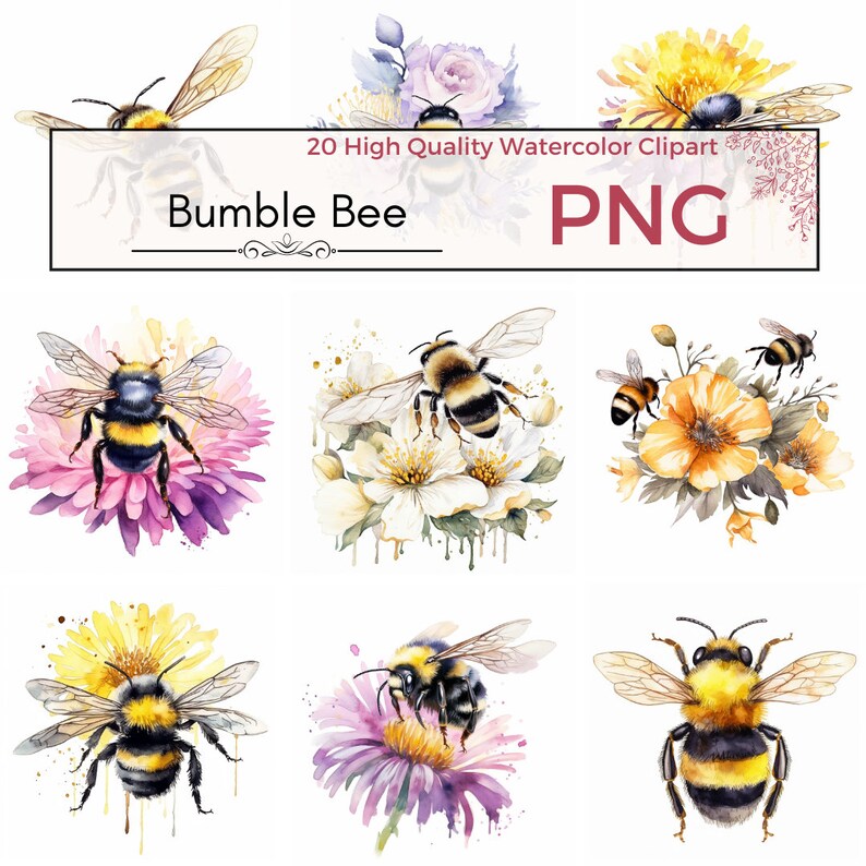20 PNG Watercolor Bumble Bee Clipart Instant Download Spring - Etsy