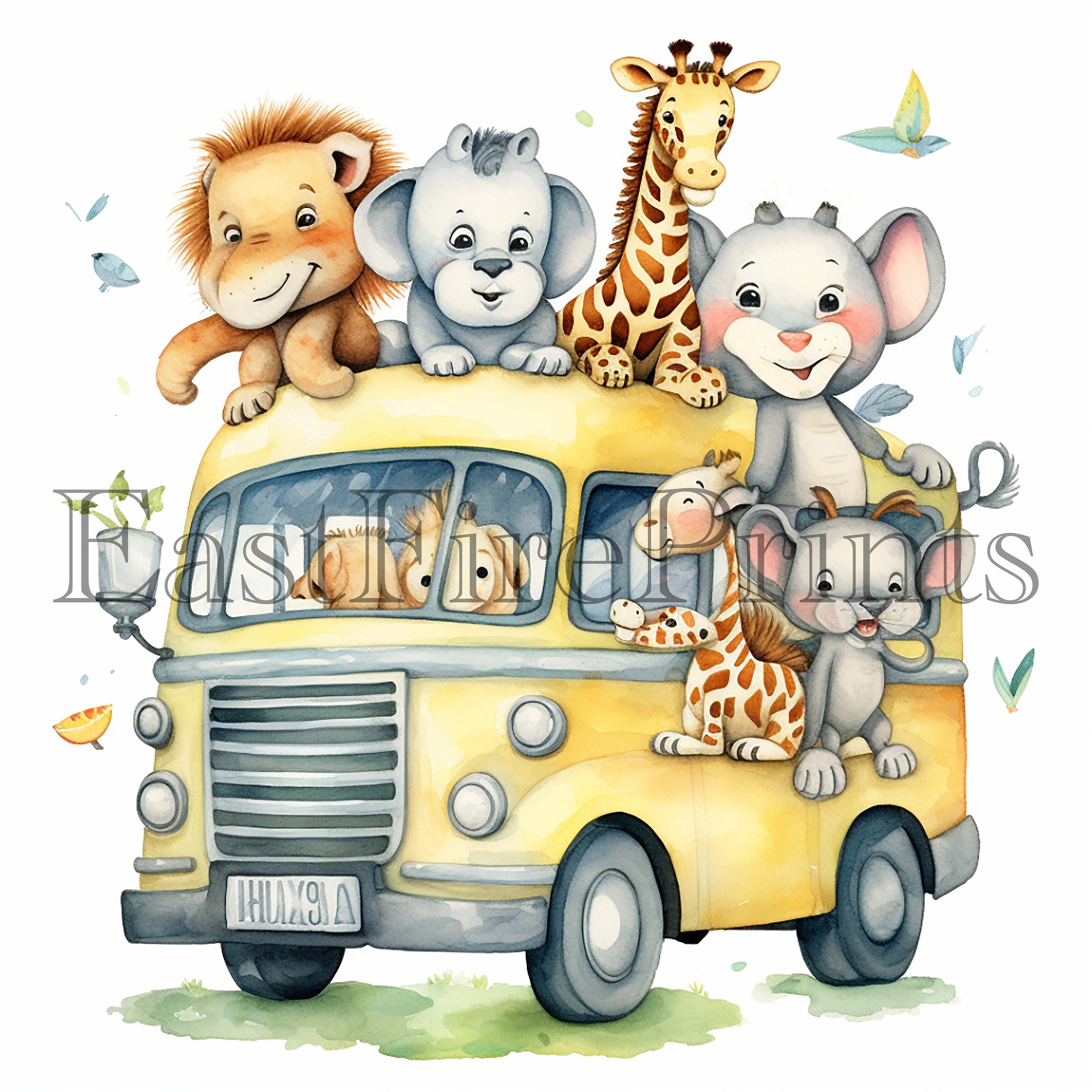 Watercolor Safari Animals on School Bus Clipart High Quality - Etsy