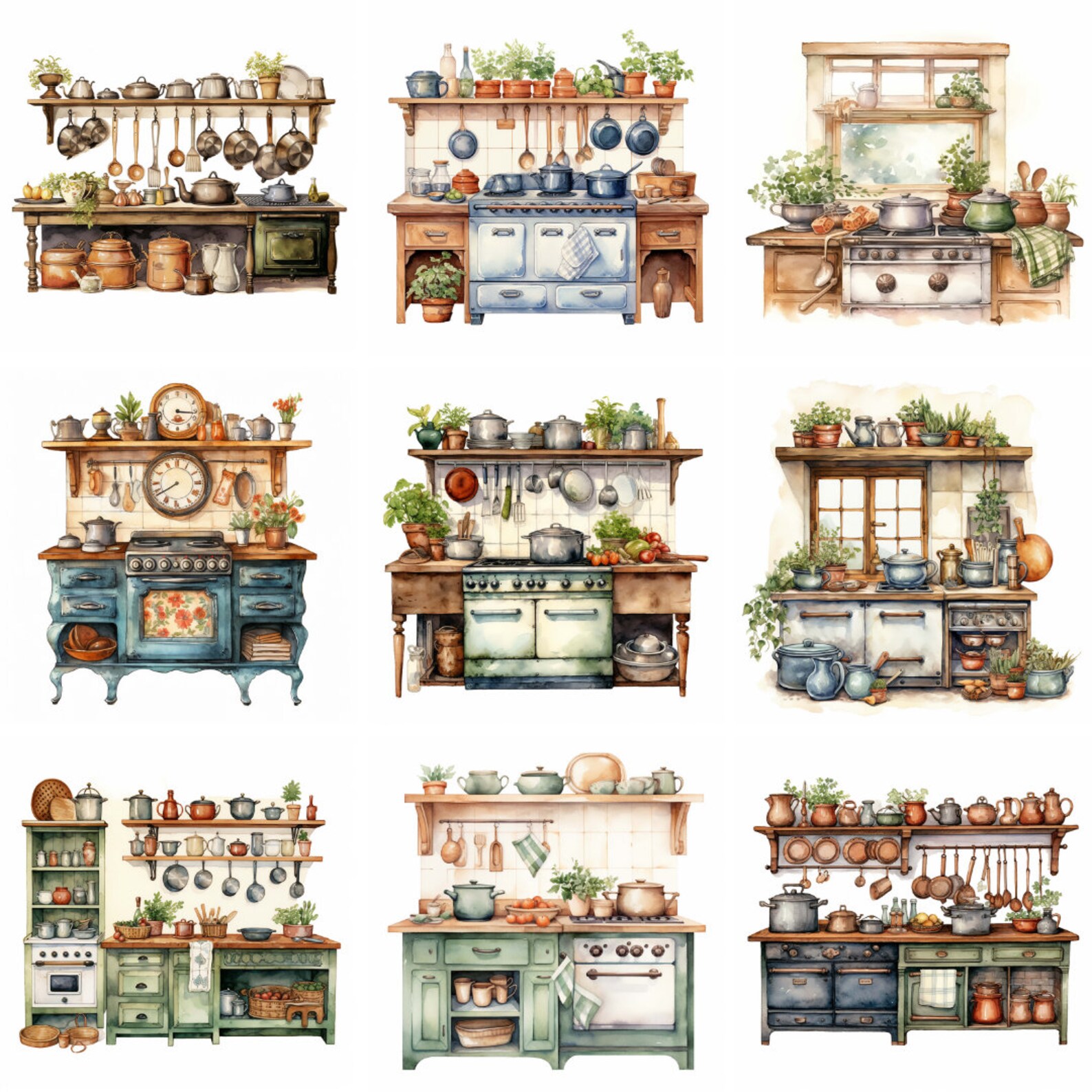 Watercolor Vintage Kitchen Clipart Vintage Printables Food - Etsy