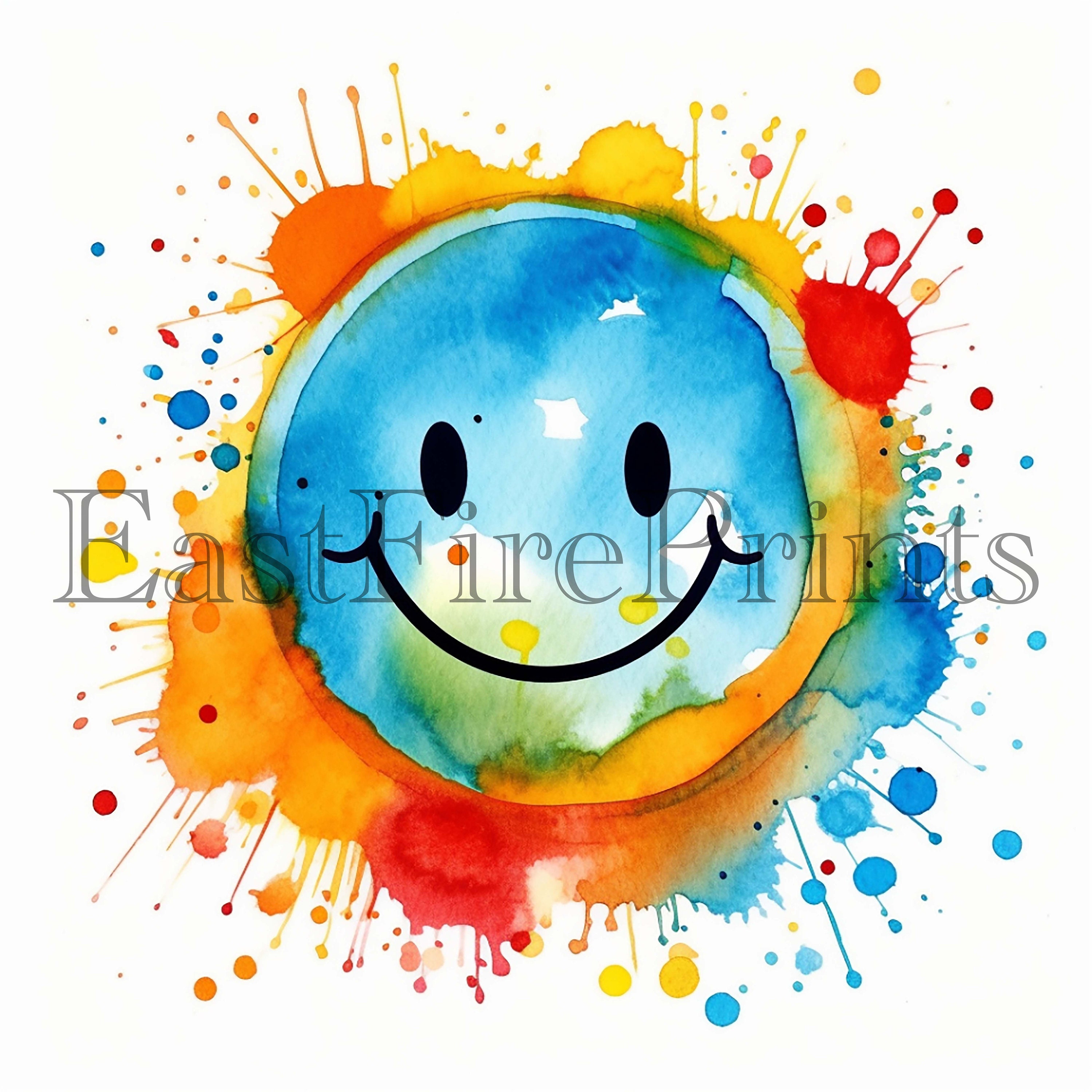 Watercolor Retro Smiley Face Clipart High Quality Png Groovy - Etsy