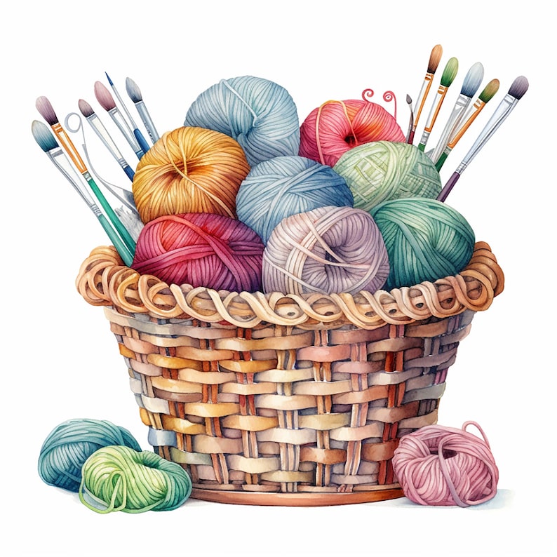 Watercolor Knitting Basket Clipart Crochet Clipart Yarn and - Etsy