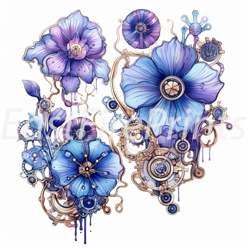 20 Steampunk Flowers Watercolor Clipart PNG Steampunk Roses - Etsy