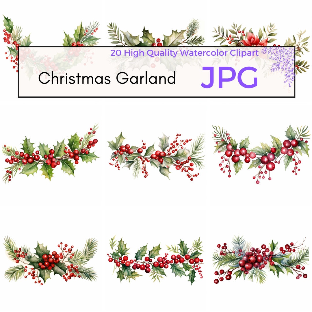 Watercolor Christmas Garland Clipart, High Quality PNG, Xmas Graphics ...