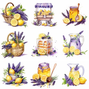 20 Watercolor Lemon and Lavender Clipart, PNG, Floral, Wedding, Summer ...