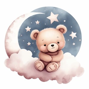 Watercolor Teddy Bear on Moon Clipart, High Quality JPG, Nursery Wall ...