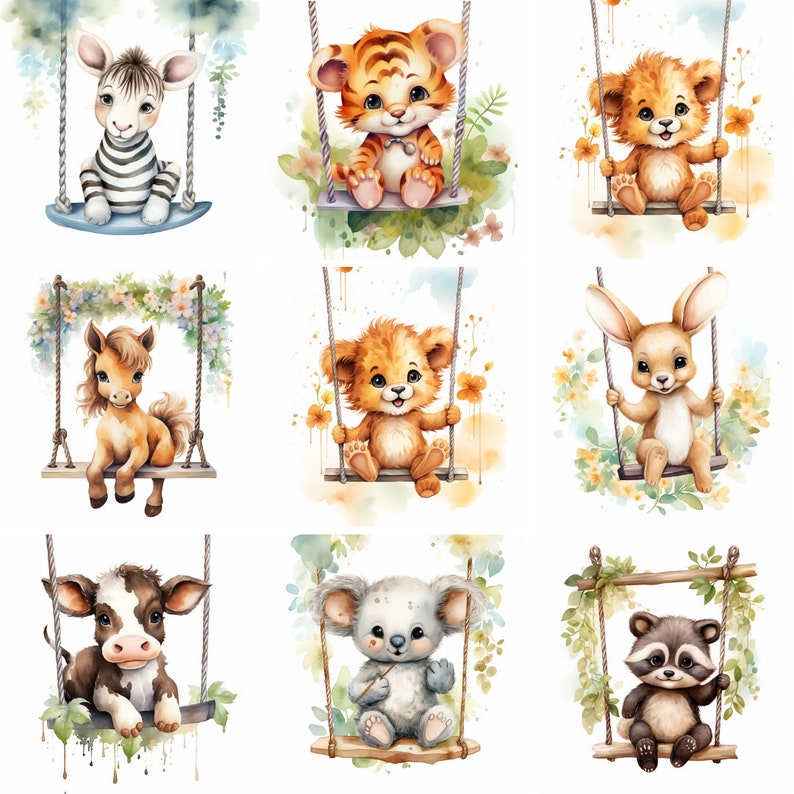 Watercolor Baby Animals on Swings Clipart, High Quality Png, Safari ...