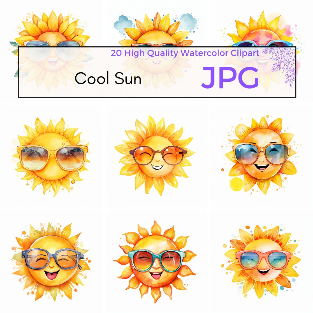 Watercolor Cool Sun Clipart, High Quality JPG, Sunglasses JPG, Summer ...