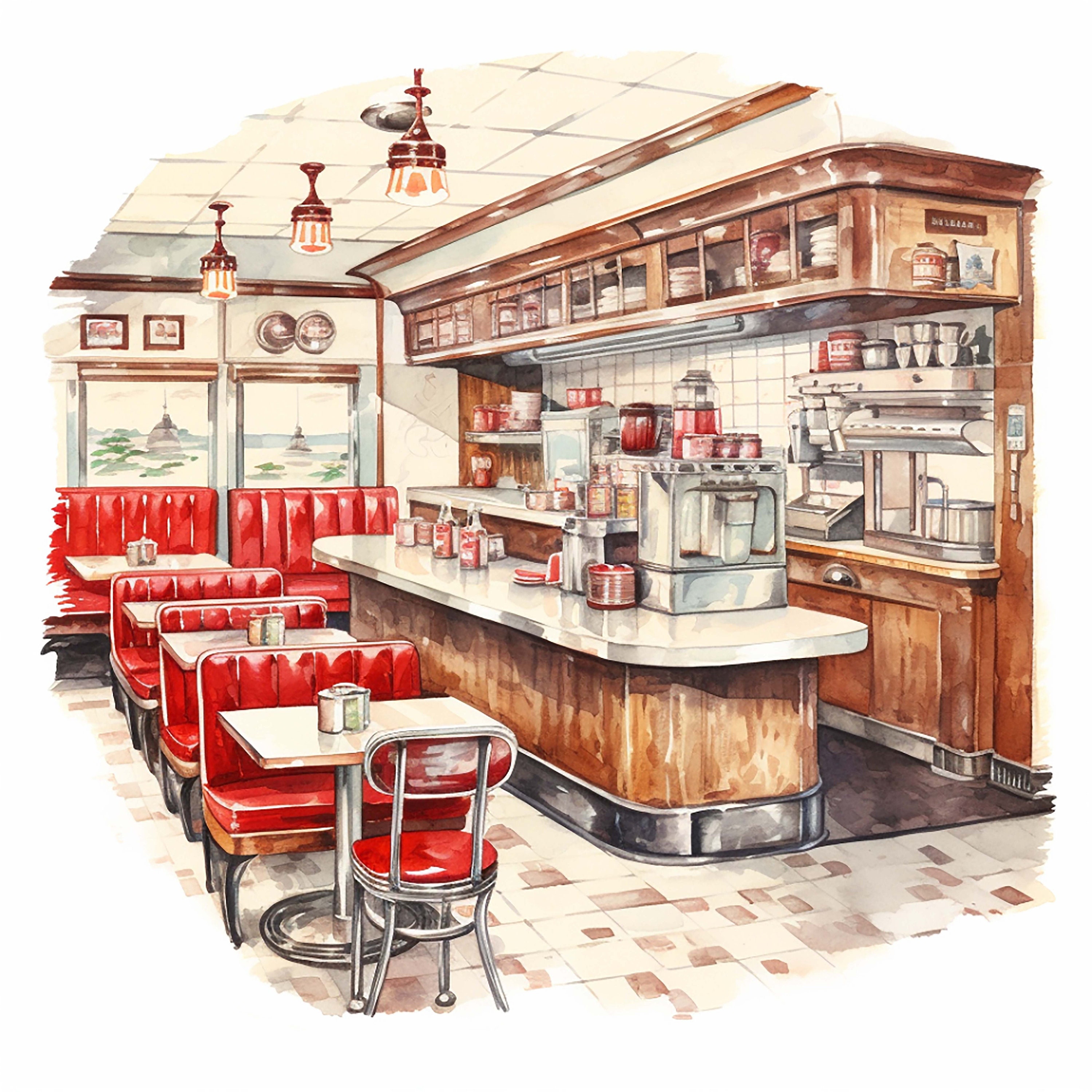 Diner Scene Clipart High Quality Png Retro Clipart Diner - Etsy