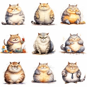 Watercolor Fat Cat Clipart, High Quality JPG, Cubby Cat Wall Art, Funny ...