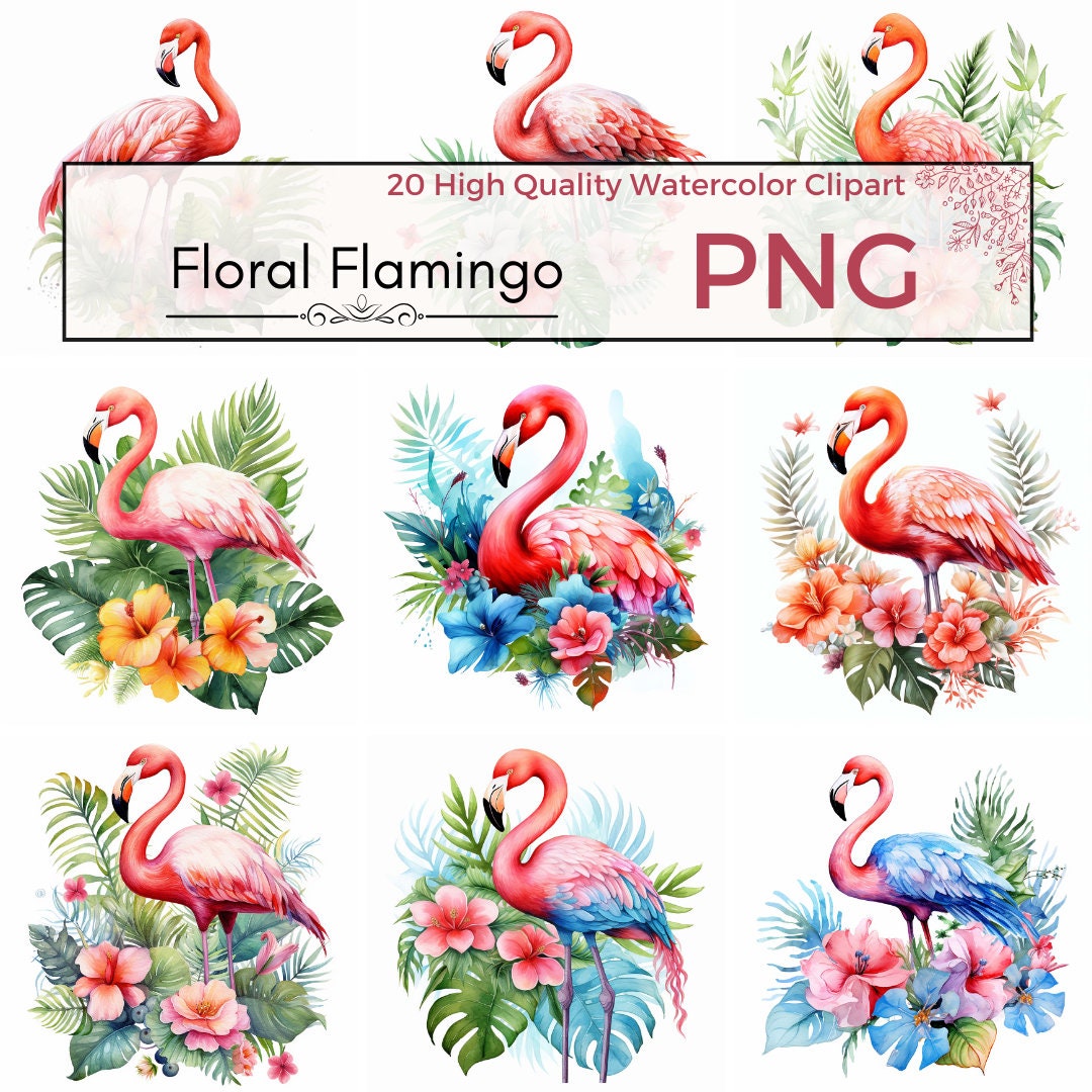 Floral Flamingo Clipart, High Quality PNG, Watercolor Clipart, Birds ...