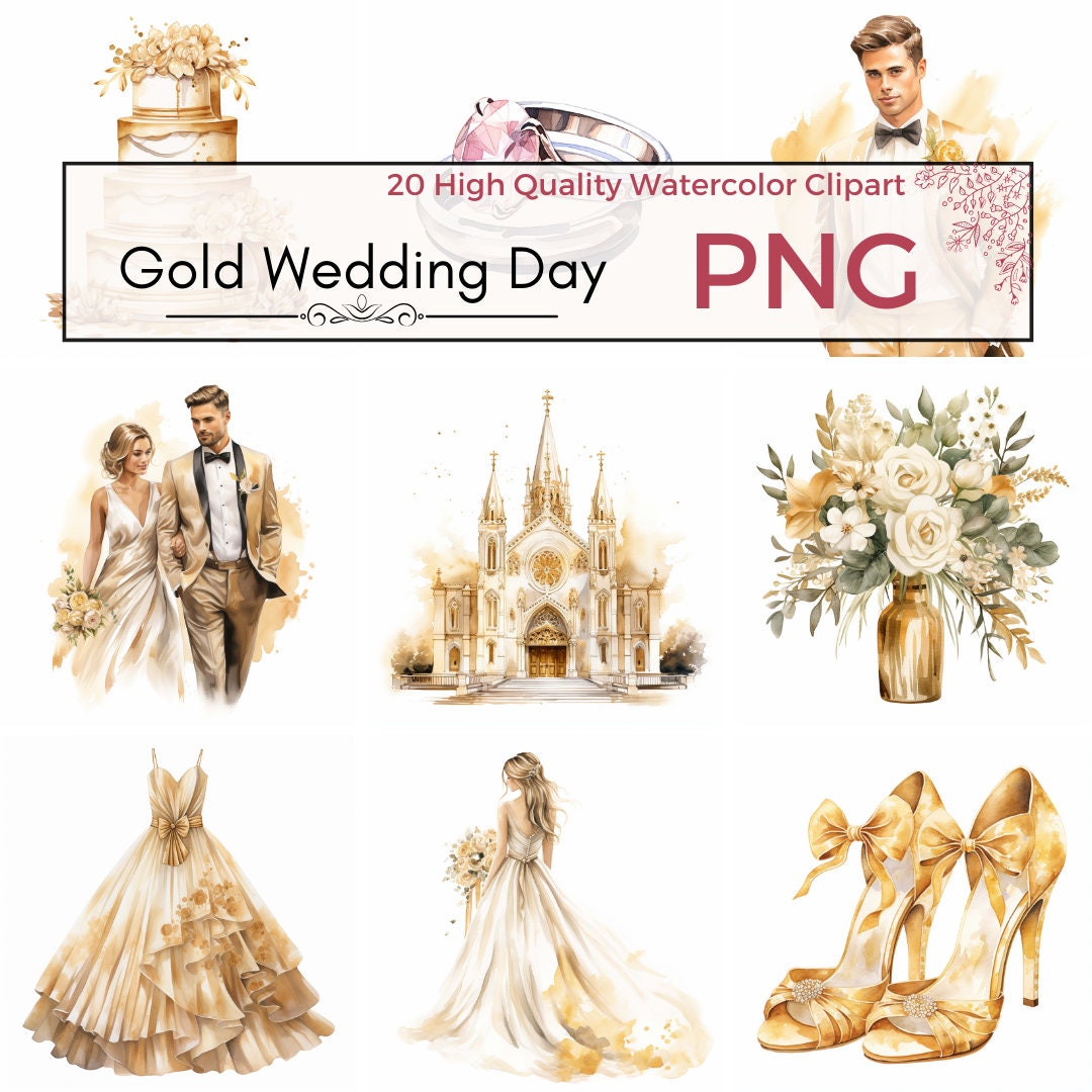 Gold Wedding Day Clipart, High Quality Png, Bride and Groom Clipart ...