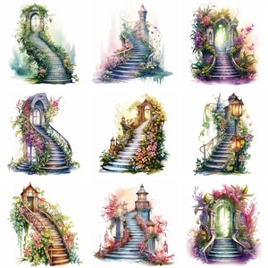 Watercolor Fantasy Staircase Clipart, Garden Fairy Steps Fantasy ...