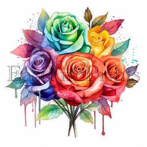 20 PNG Watercolor Rainbow Roses Clipart, Colorful Rose Clipart, Roses Arrangement, Floral ...