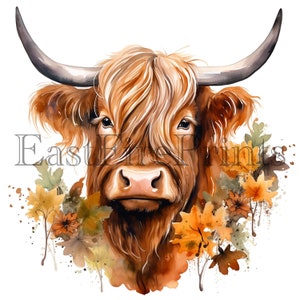 Watercolor Fall Highland Cow Clipart, High Quality Png, Floral Autumn ...