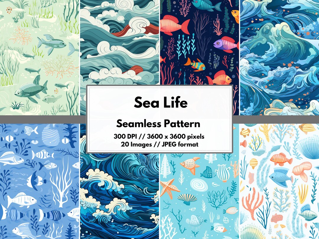 Sea Life Digital Paper, High Quality JPG, Ocean Digital Pattern, Blue ...