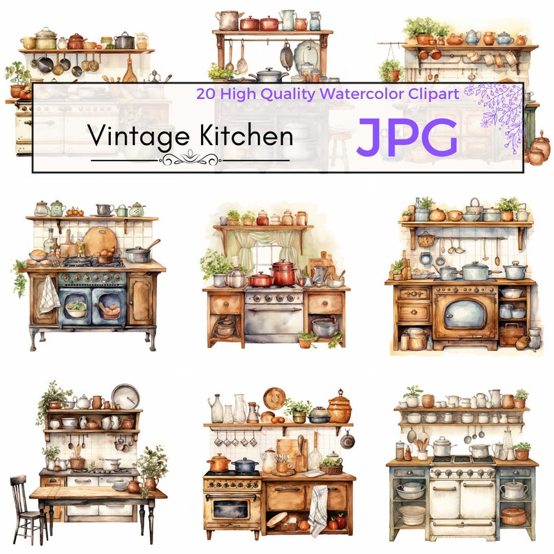 Watercolor Vintage Kitchen Clipart Vintage Printables Food - Etsy