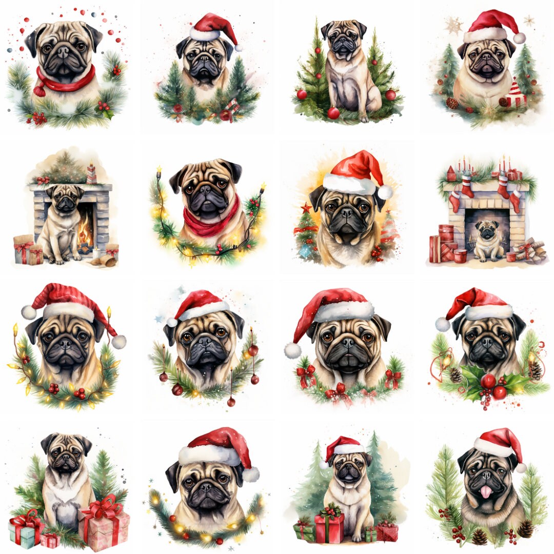 20 Christmas Pugs Watercolor Clipart, Xmas Wall Art, Dog Clip Art ...