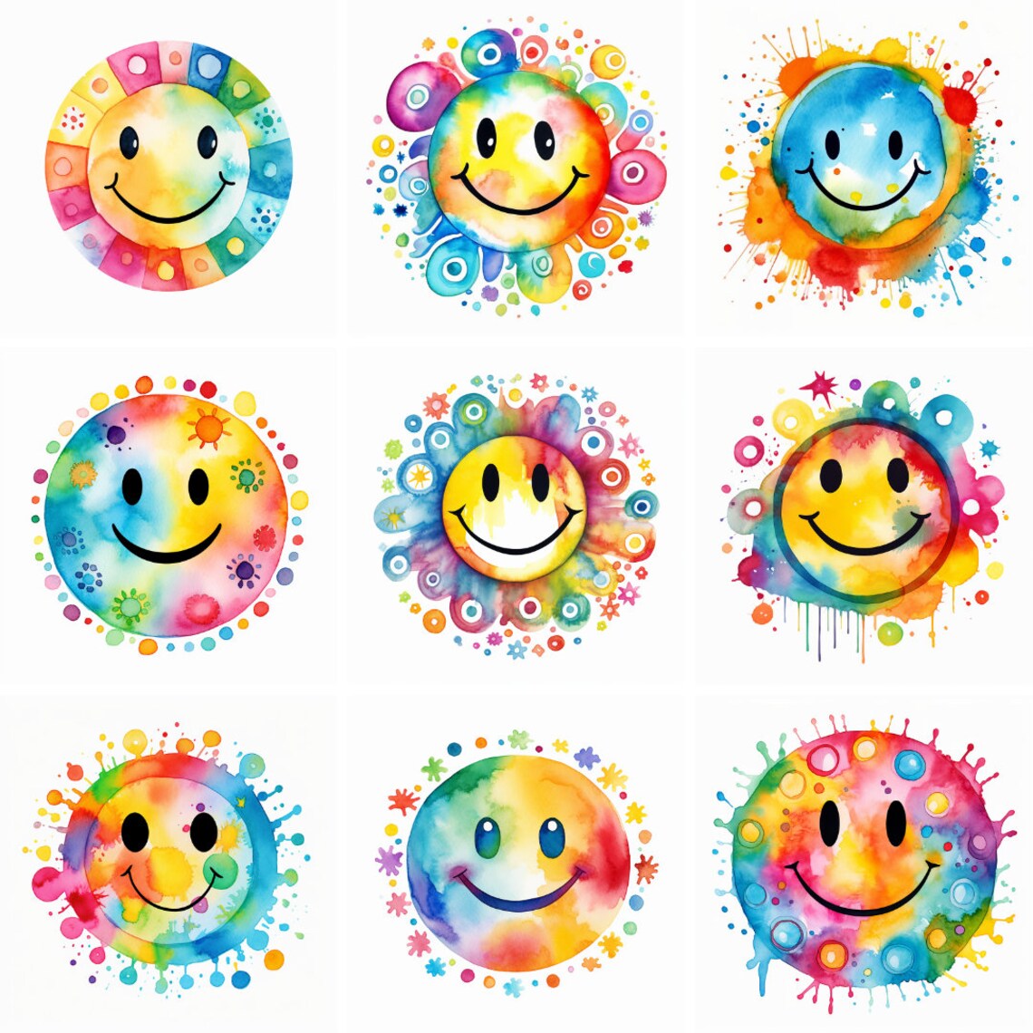 20 Retro Groovy Smiley Face Clip Art Watercolor Clipart - Etsy