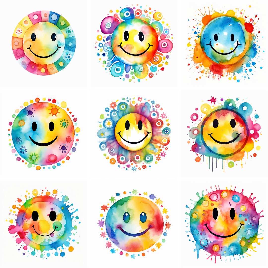 20 Retro Groovy Smiley Face Clip Art Watercolor Clipart - Etsy