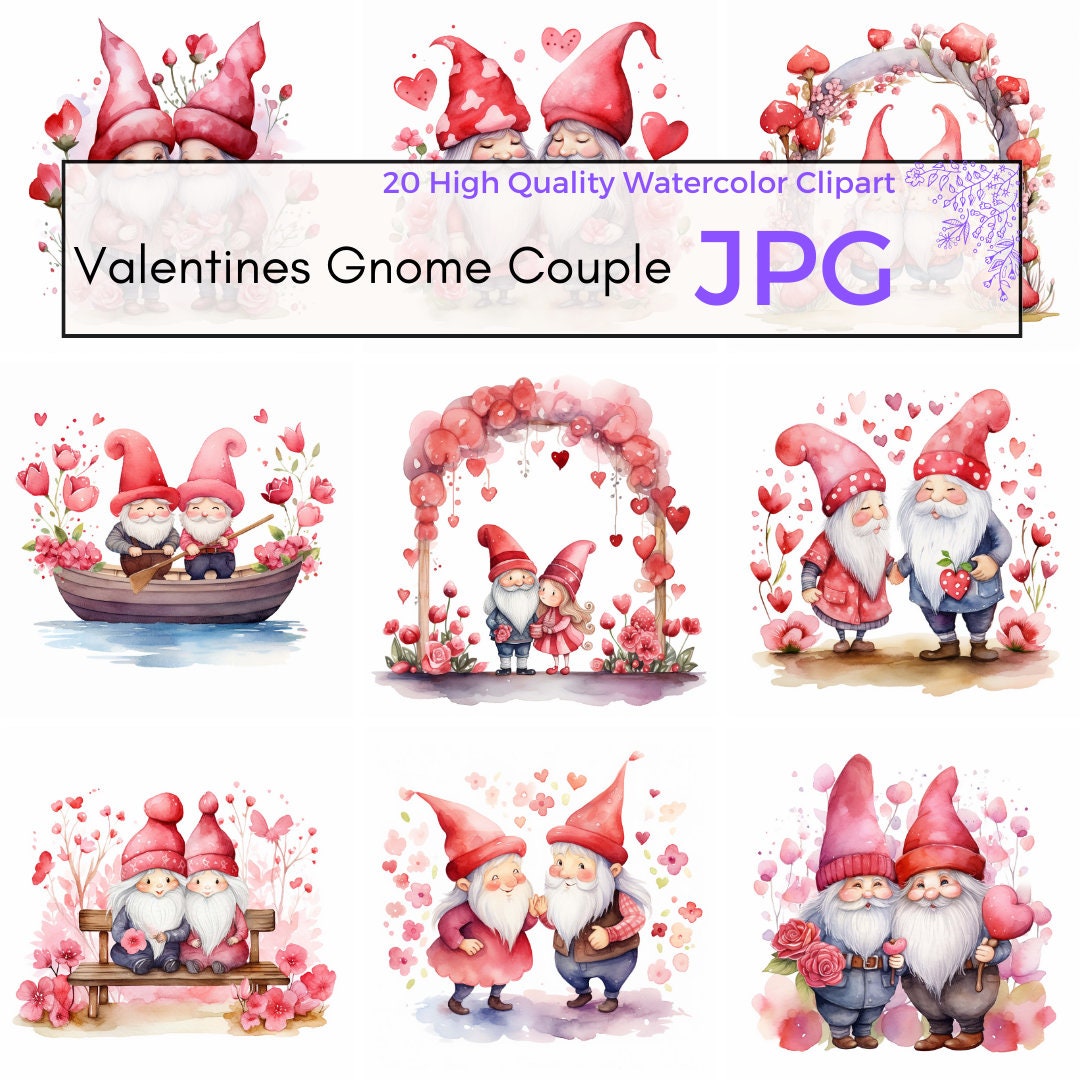 Watercolor Valentines Gnome Couple Clipart, High Quality JPG, Gnome ...