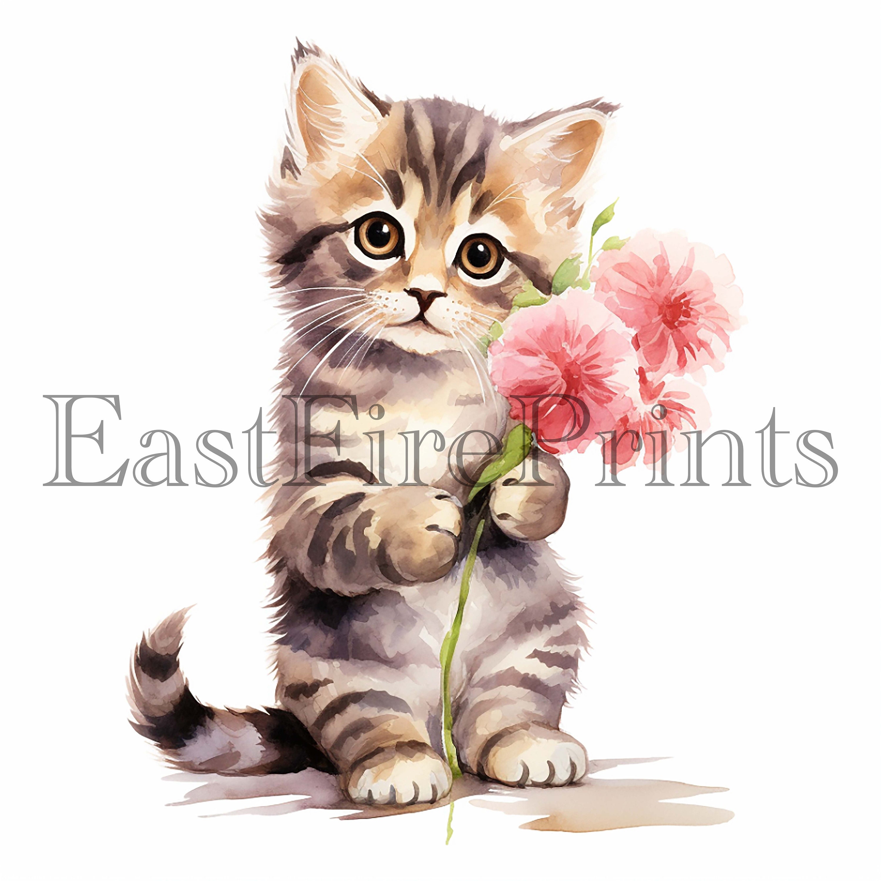 Watercolor Cat and Flower Clipart High Quality Png Cute - Etsy