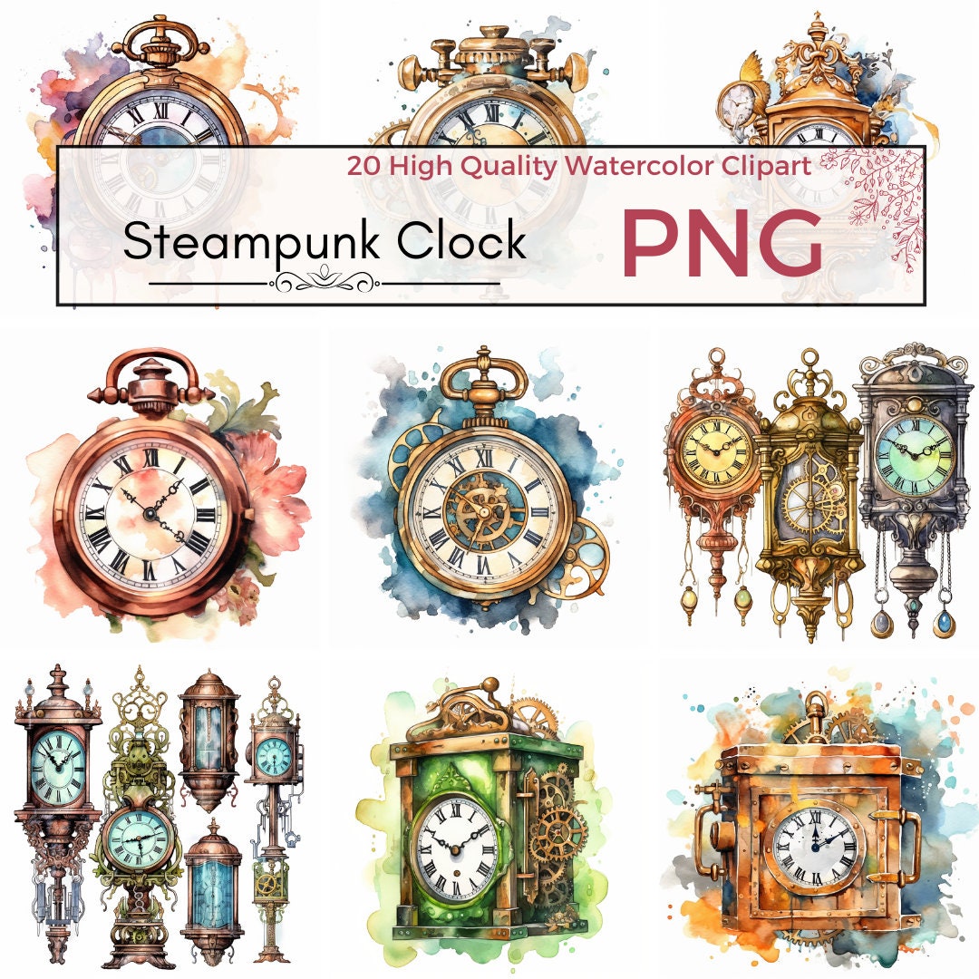 20 Steampunk Clock Watercolor Clipart Set - Vintage Clock Images ...