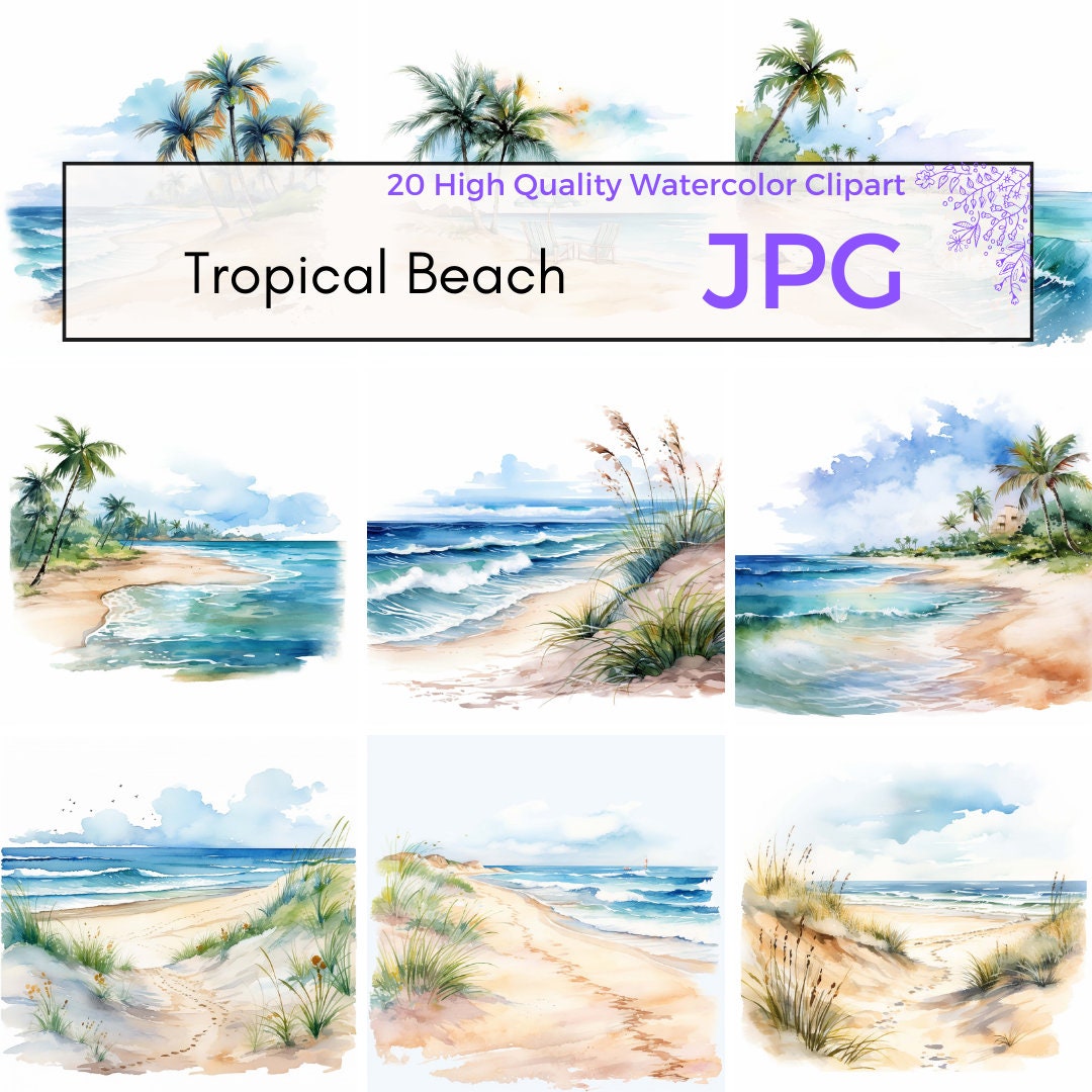 Watercolor Tropical Beach Clipart, High Quality JPG, Summer Clipart ...