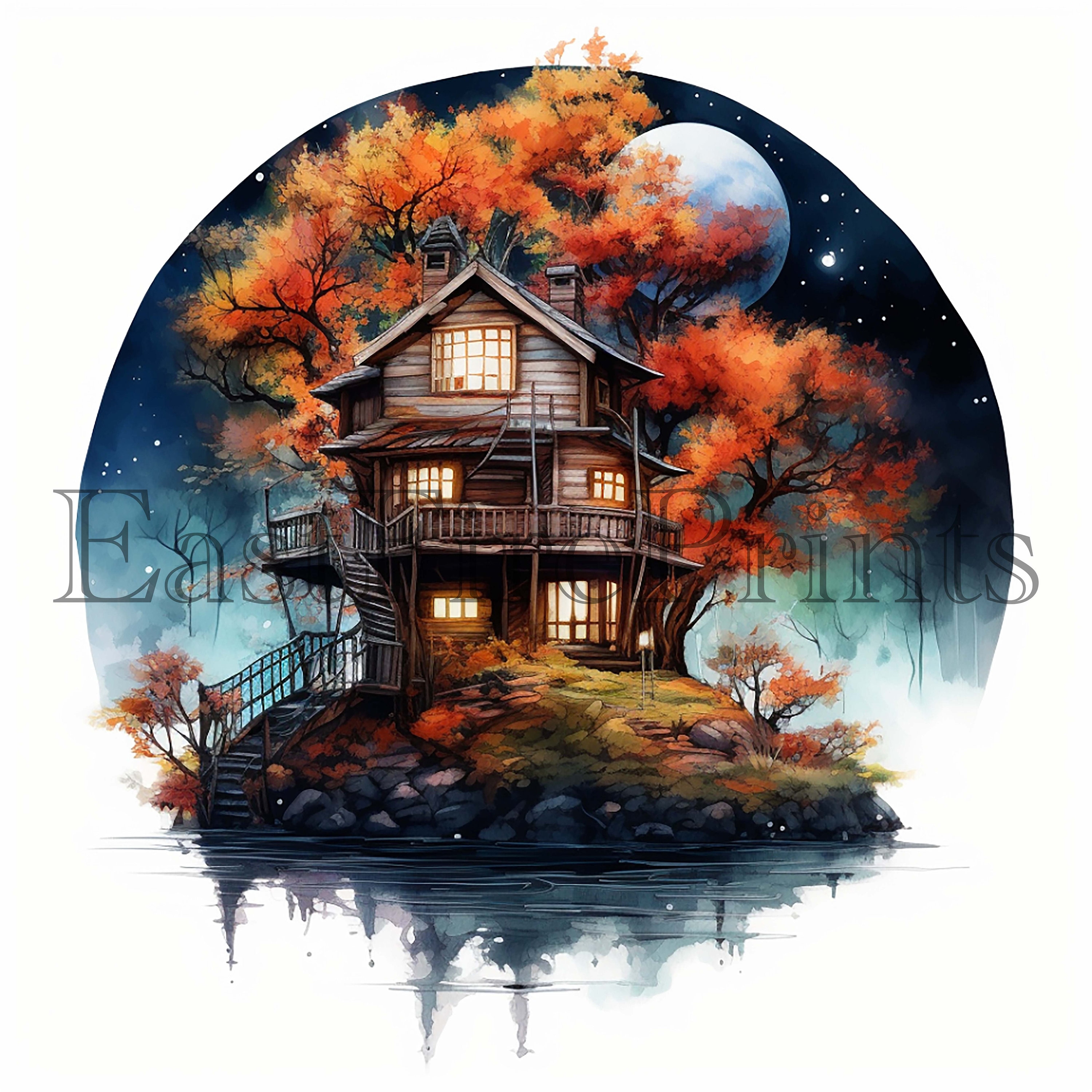 Watercolor Fall Tree House Clipart Forest Clipart Autumn - Etsy