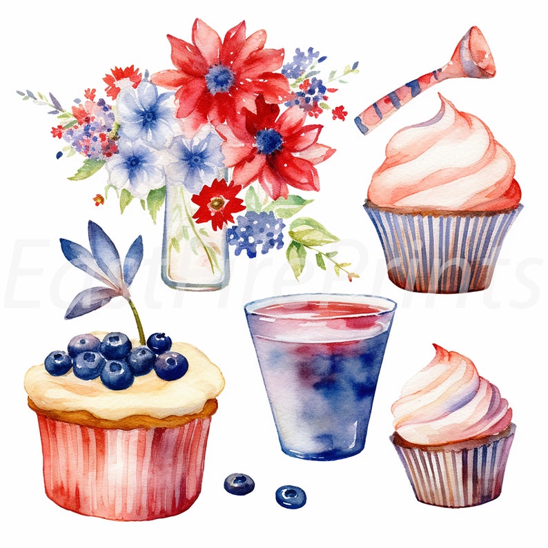 Watercolor 4th of July Clipart Patriotic Digital Prints - Etsy