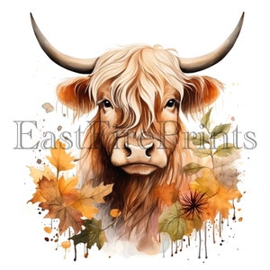 Watercolor Fall Highland Cow Clipart, High Quality Png, Floral Autumn ...