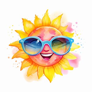 Watercolor Cool Sun Clipart, High Quality JPG, Sunglasses JPG, Summer ...