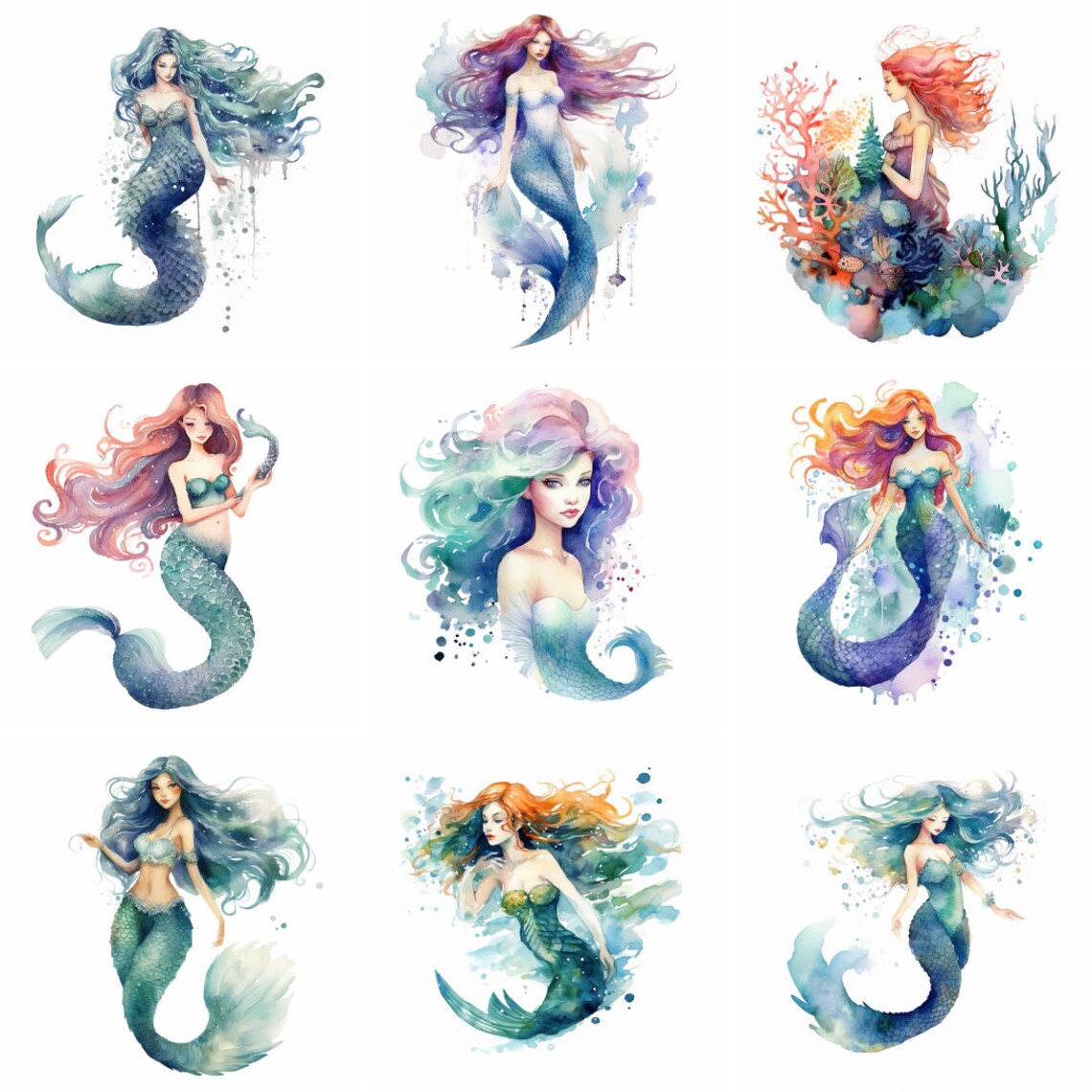 20 Watercolor Mermaid Clipart Bundle High Quality PNG - Etsy